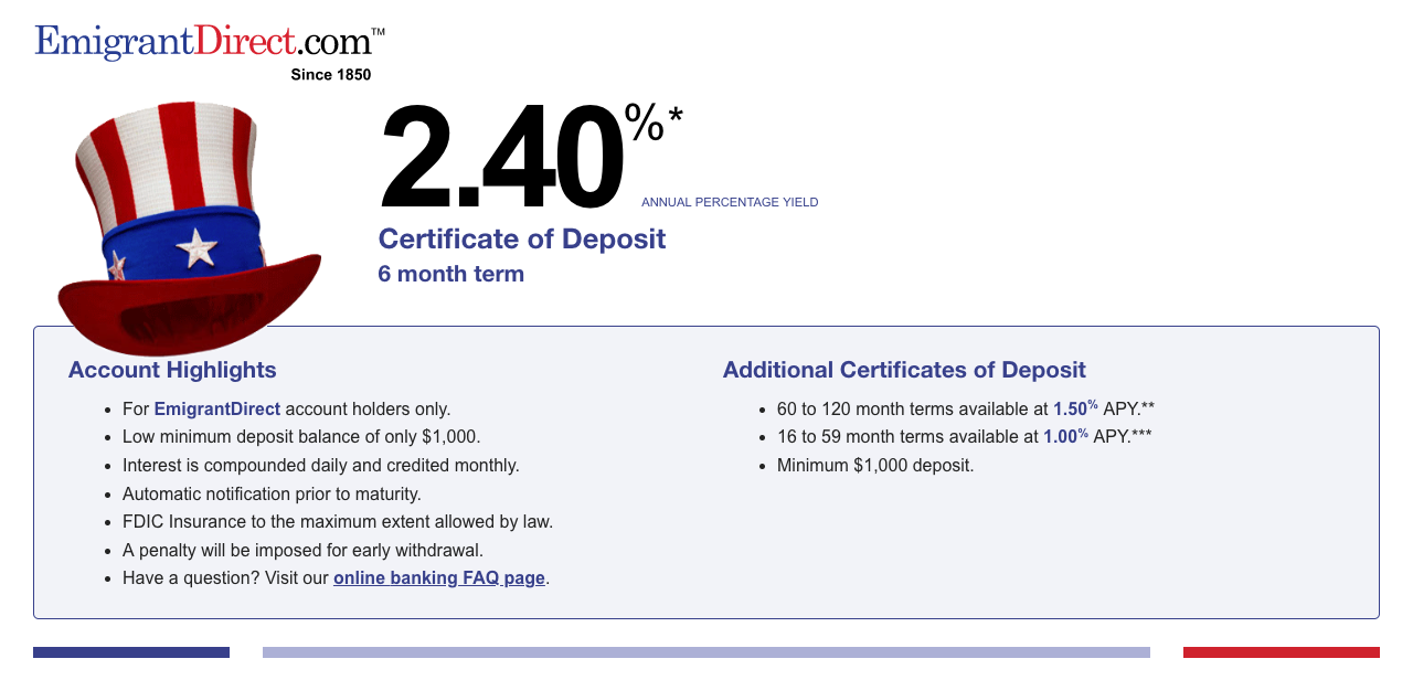 EmigrantDirect.com 6-Month CD Rate Offer (Nationwide)